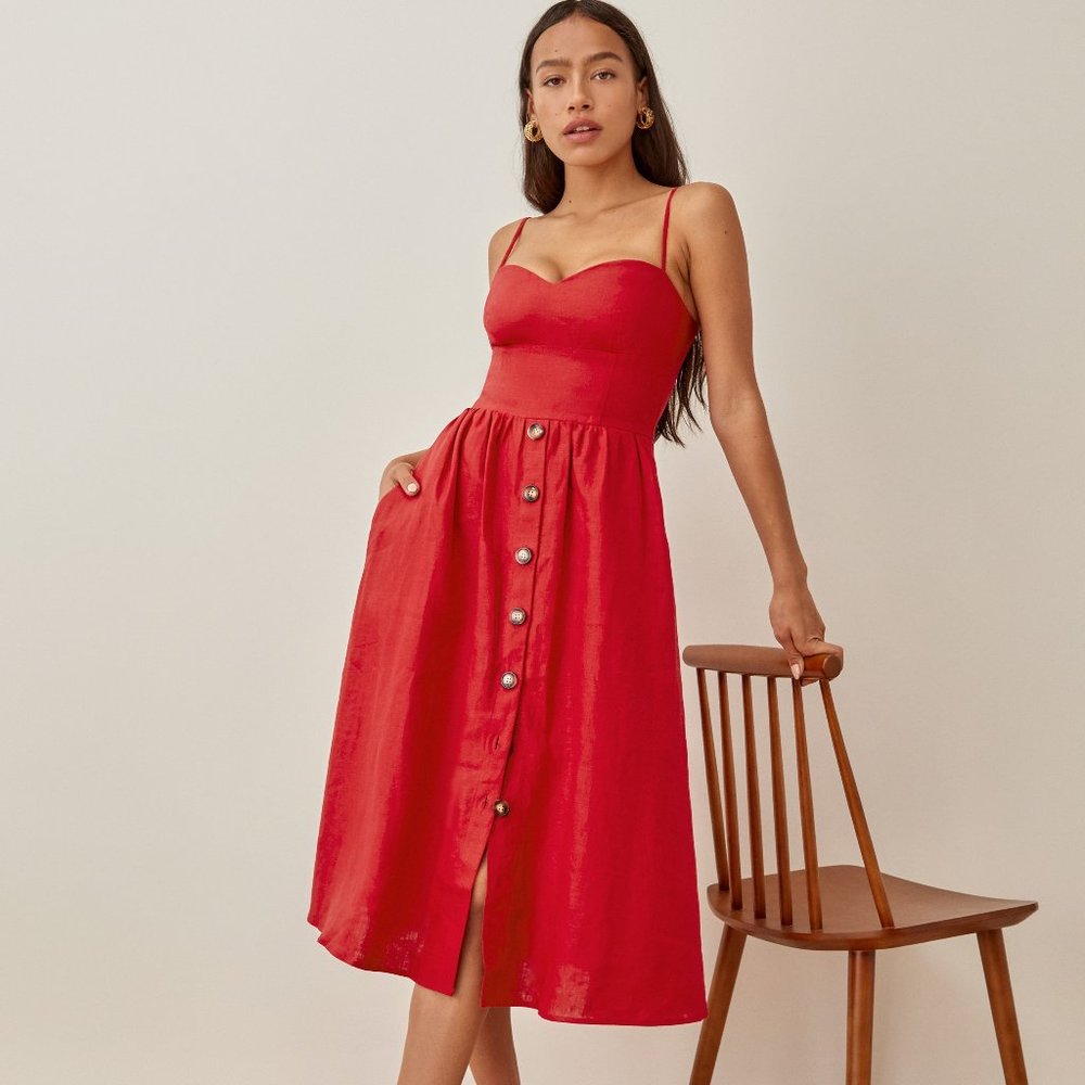 The Reformation Cale Linen Midi Dress In Cherry Size 2 - Gem